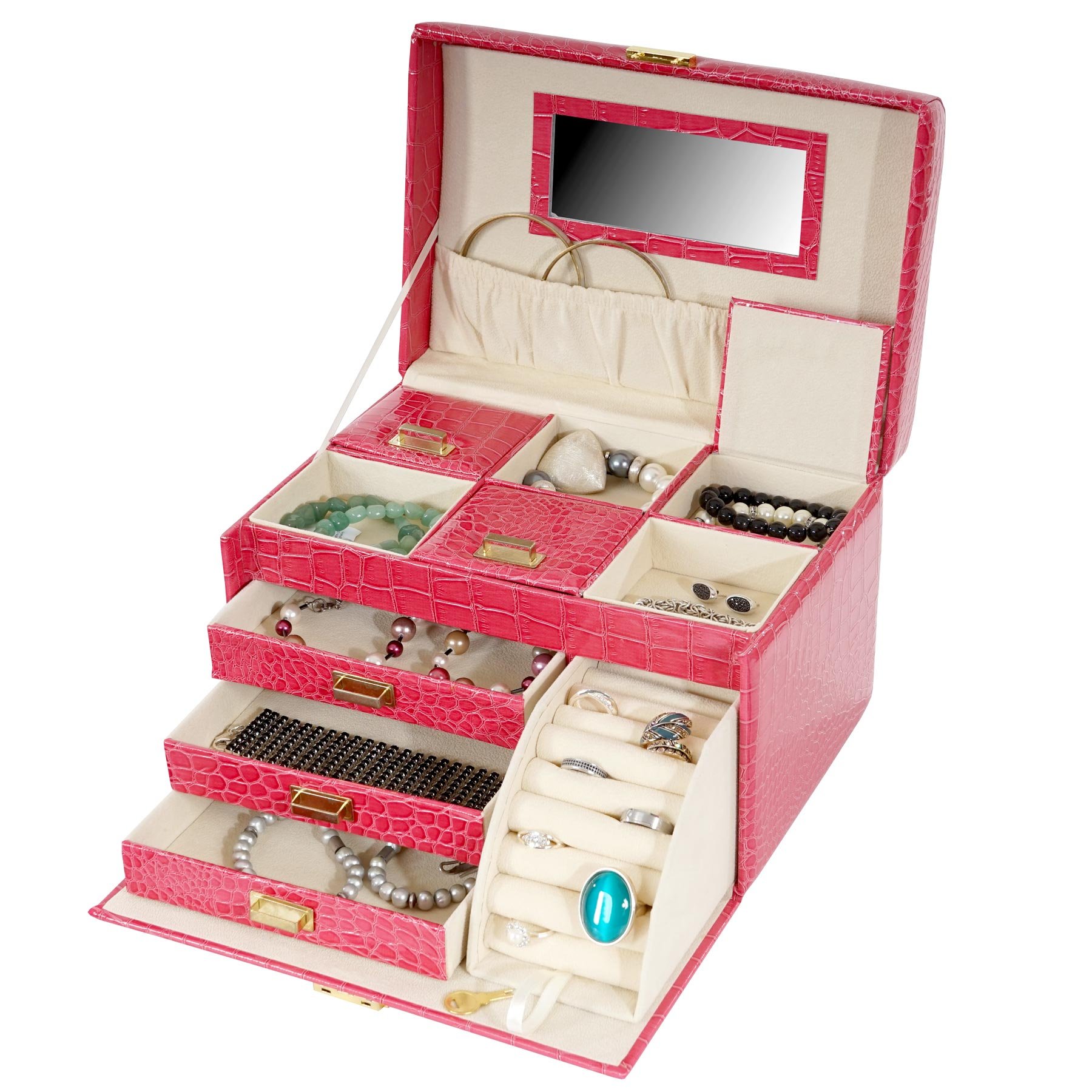 Joyero modelo MONACO en piel tipo cocodrilo, color rosa - Homy.es